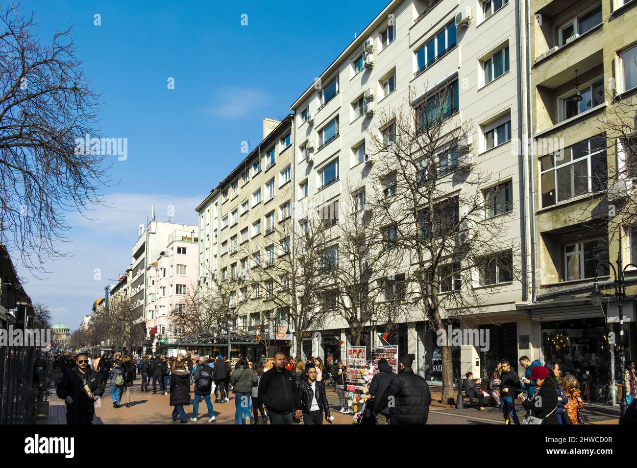 SOFIA, BULGARIA -FEBRUARY 26, 2022: Walking people on Boulevard Vitosha in city of Sofia ...