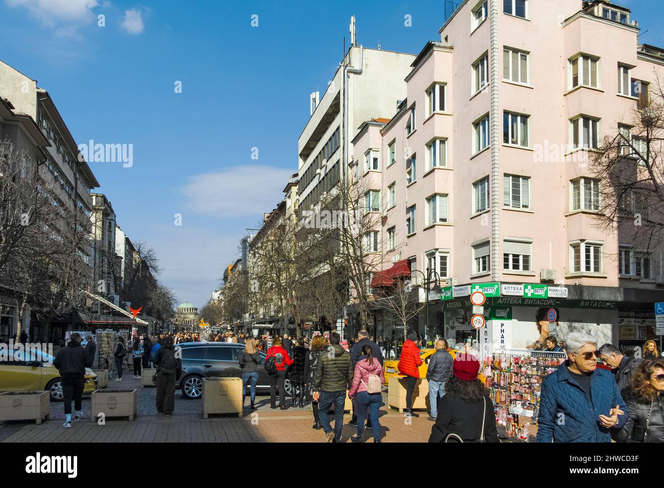SOFIA, BULGARIA -FEBRUARY 26, 2022: Walking people on Boulevard Vitosha in city of Sofia ...