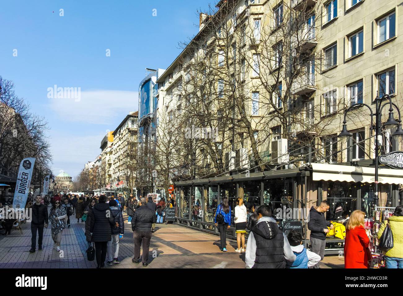 SOFIA, BULGARIA -FEBRUARY 26, 2022: Walking people on Boulevard Vitosha in city of Sofia ...