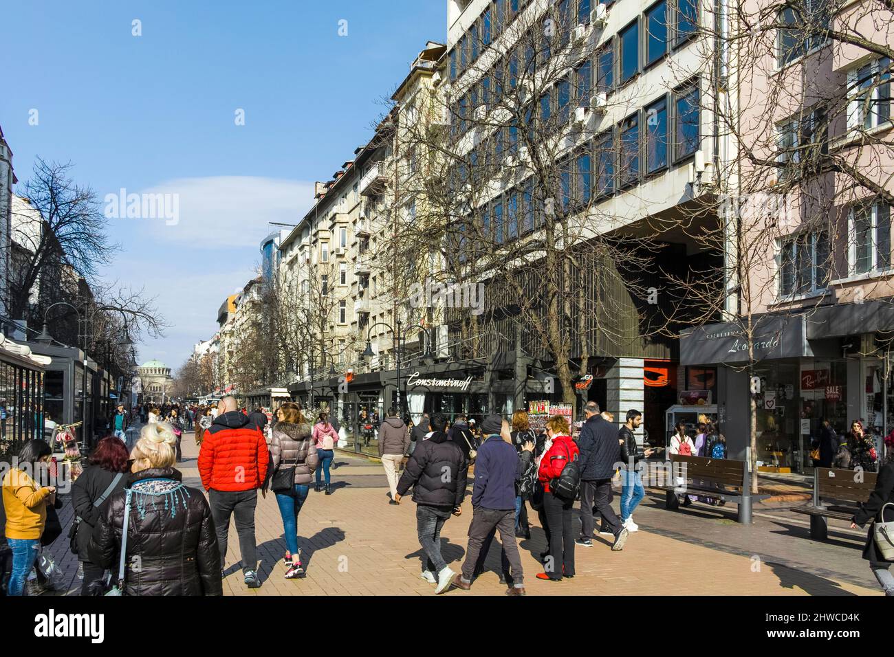 SOFIA, BULGARIA -FEBRUARY 26, 2022: Walking people on Boulevard Vitosha in city of Sofia ...