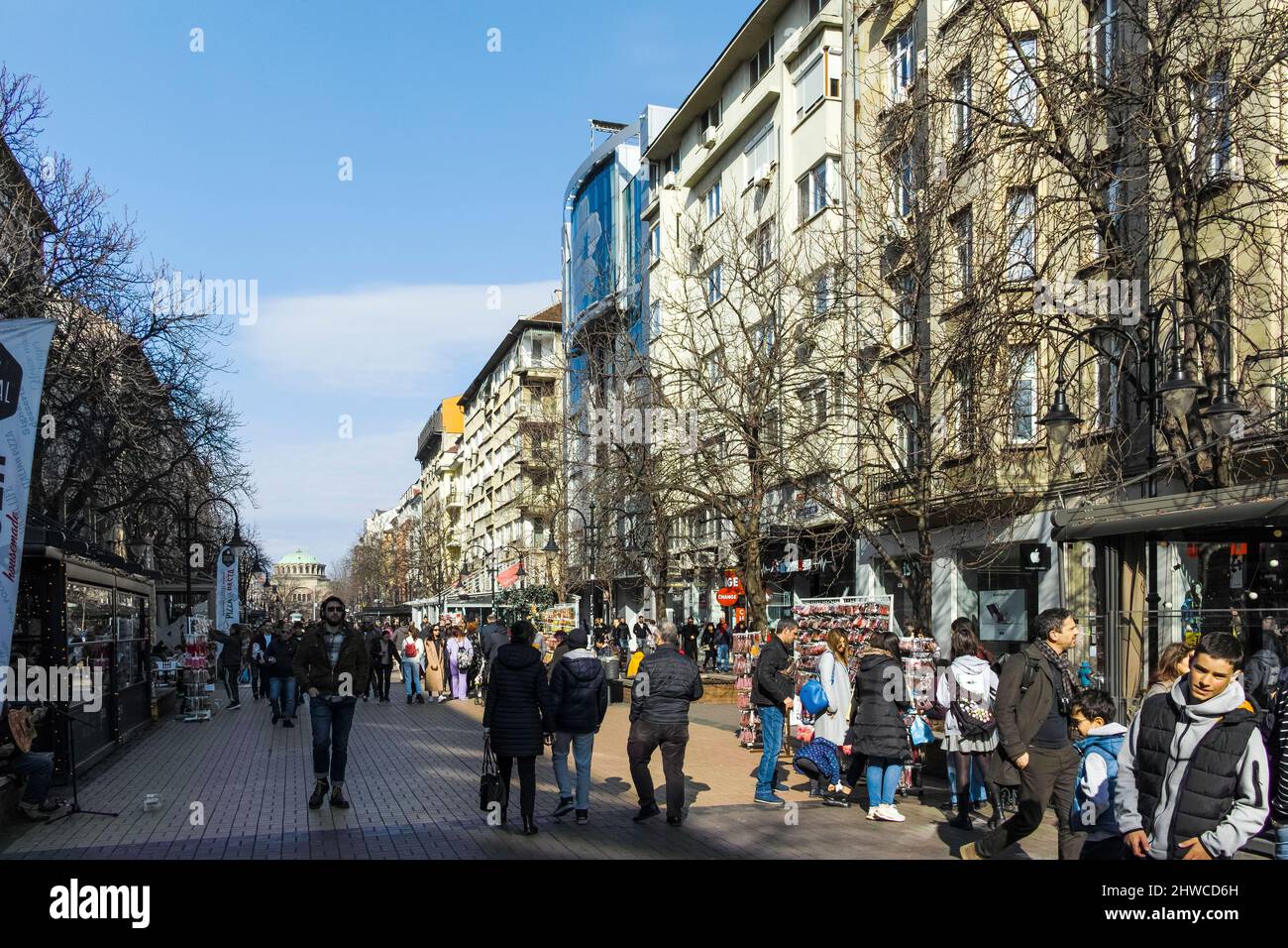 SOFIA, BULGARIA -FEBRUARY 26, 2022: Walking people on Boulevard Vitosha in city of Sofia ...