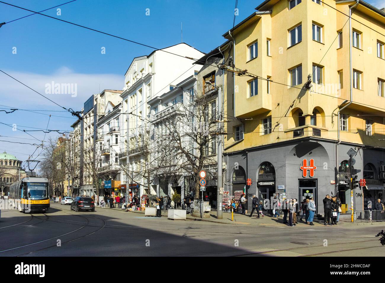 SOFIA, BULGARIA -FEBRUARY 26, 2022: Walking people on Boulevard Vitosha in city of Sofia ...