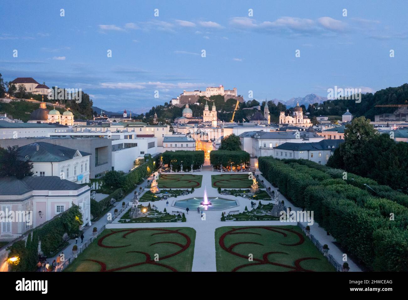 Classic view of famous Mirabell Gardens with historic Hohensalzburg ...