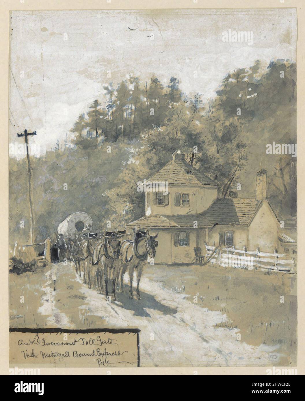 An Old Government Toll Gate with Westward Bound Express, drawing of an ...