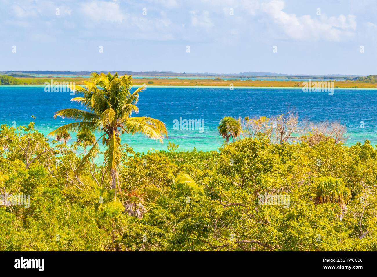 Panorama view to the Muyil Lagoon from the wooden viewpoint tower in ...