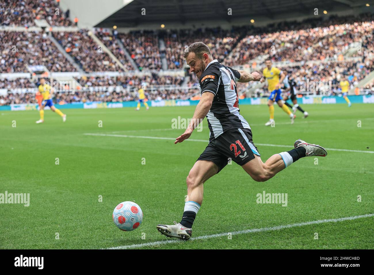 Ryan Fraser #21 of Newcastle United clears the ball away from his ...