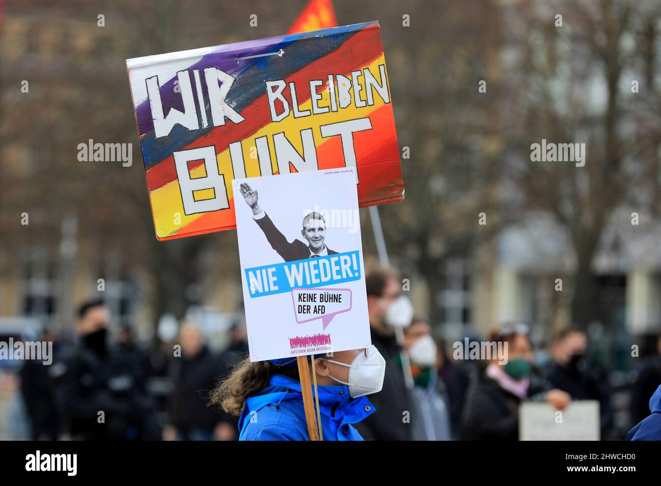 Magdeburg, Germany. 05th Mar, 2022. Participants with anti AfD posters ...