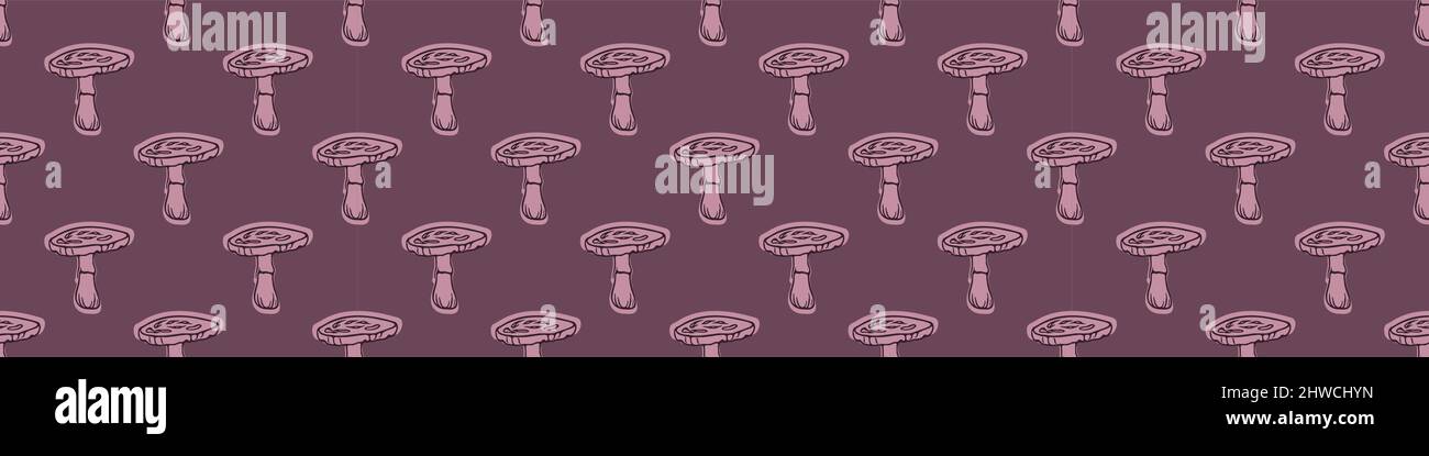 Hand drawn wild mushroom vector border. Seamless trendy purple biology ...