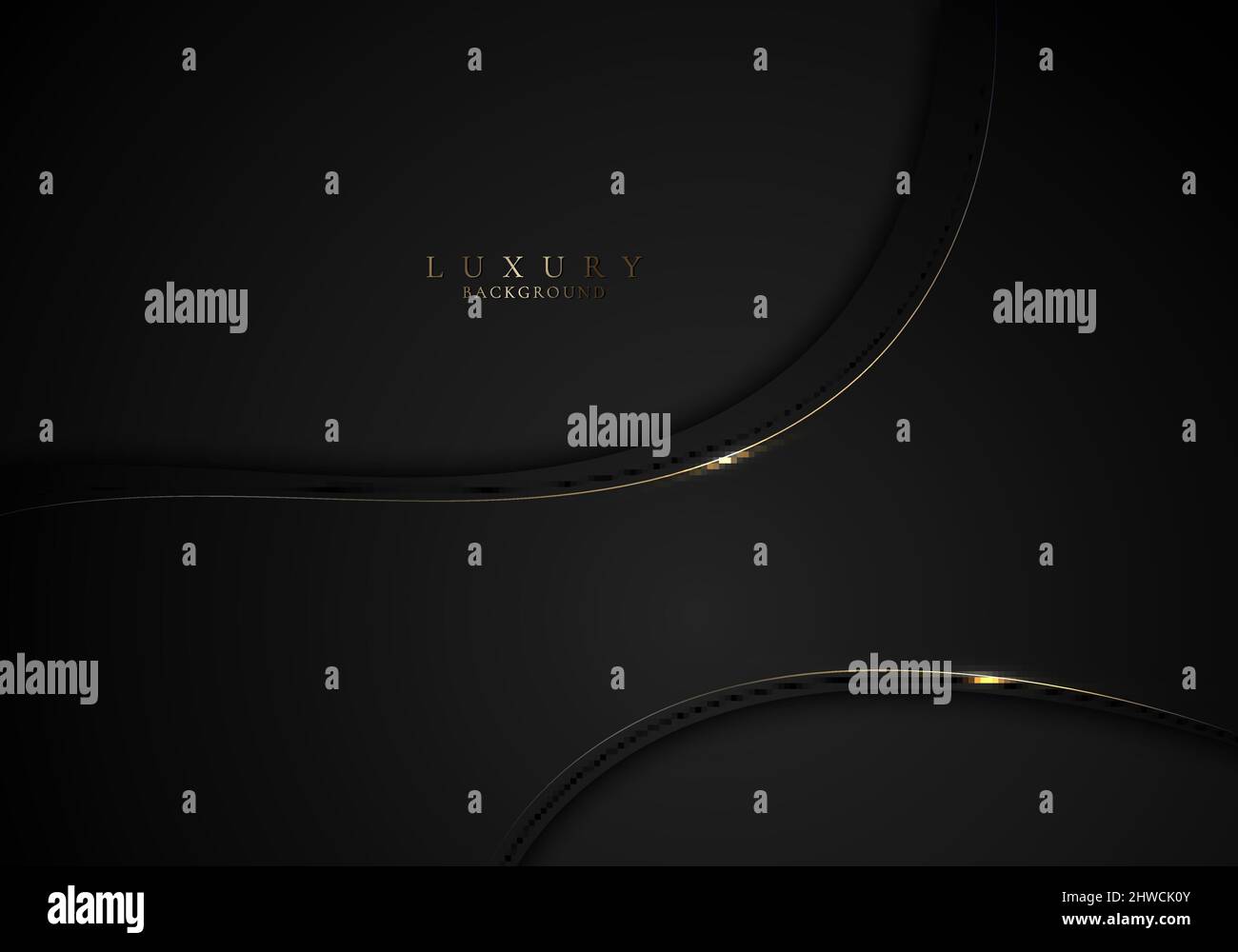 Abstract black curve shape with golden bent lines on dark background ...
