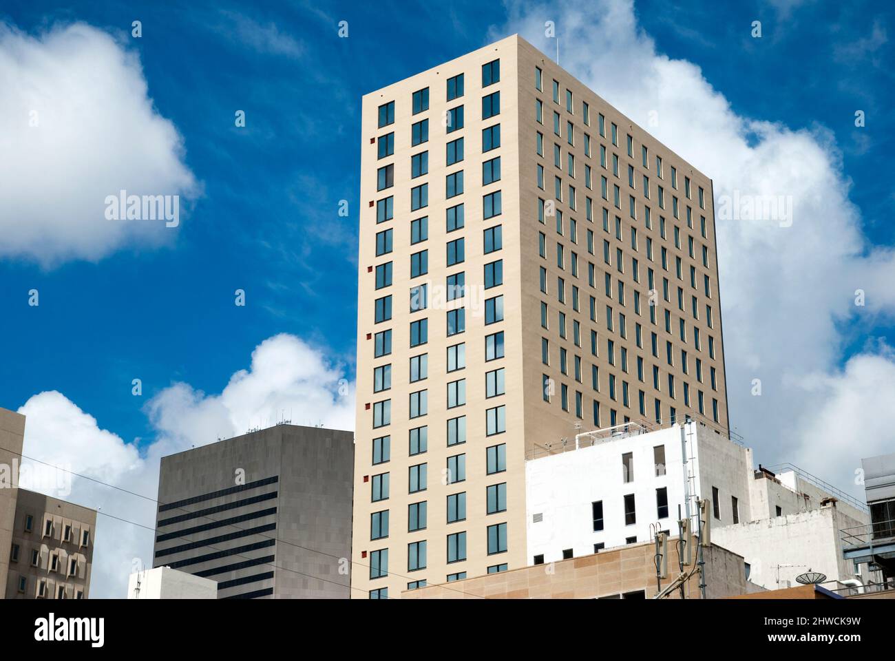 The sunny view of Miami downtown buildings with a cloudscape in a ...