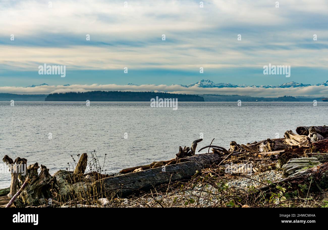 Mountains rise up across the Puget Sound in Washington State Stock ...