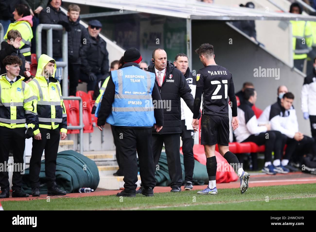 Milton Keynes Dons' Dan Harvie walks down the tunnel after being shown ...