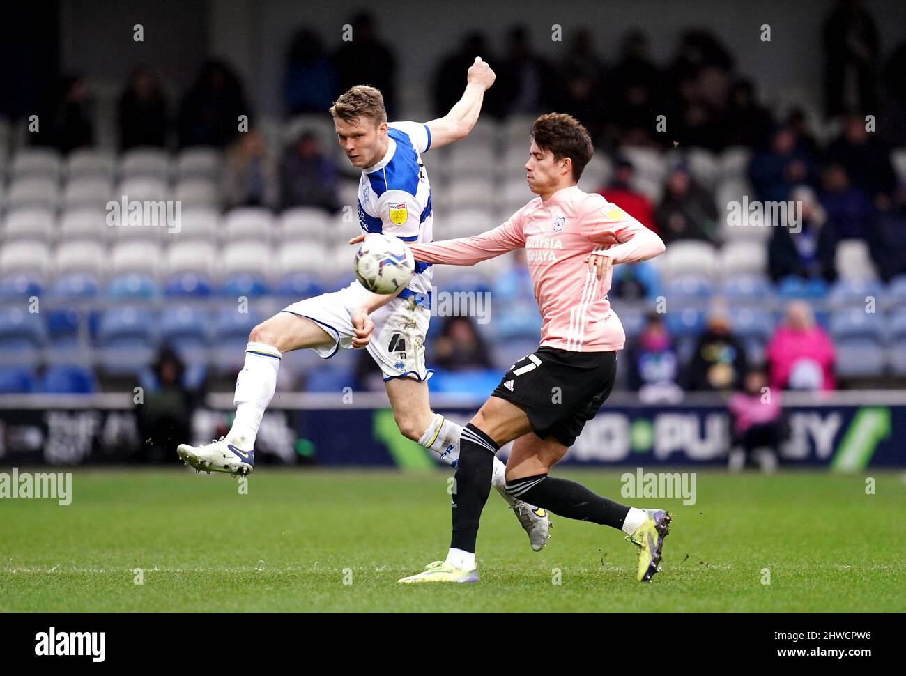 Queens Park Rangers' Rob Dickie (left) and Cardiff City's Rubin Colwill ...