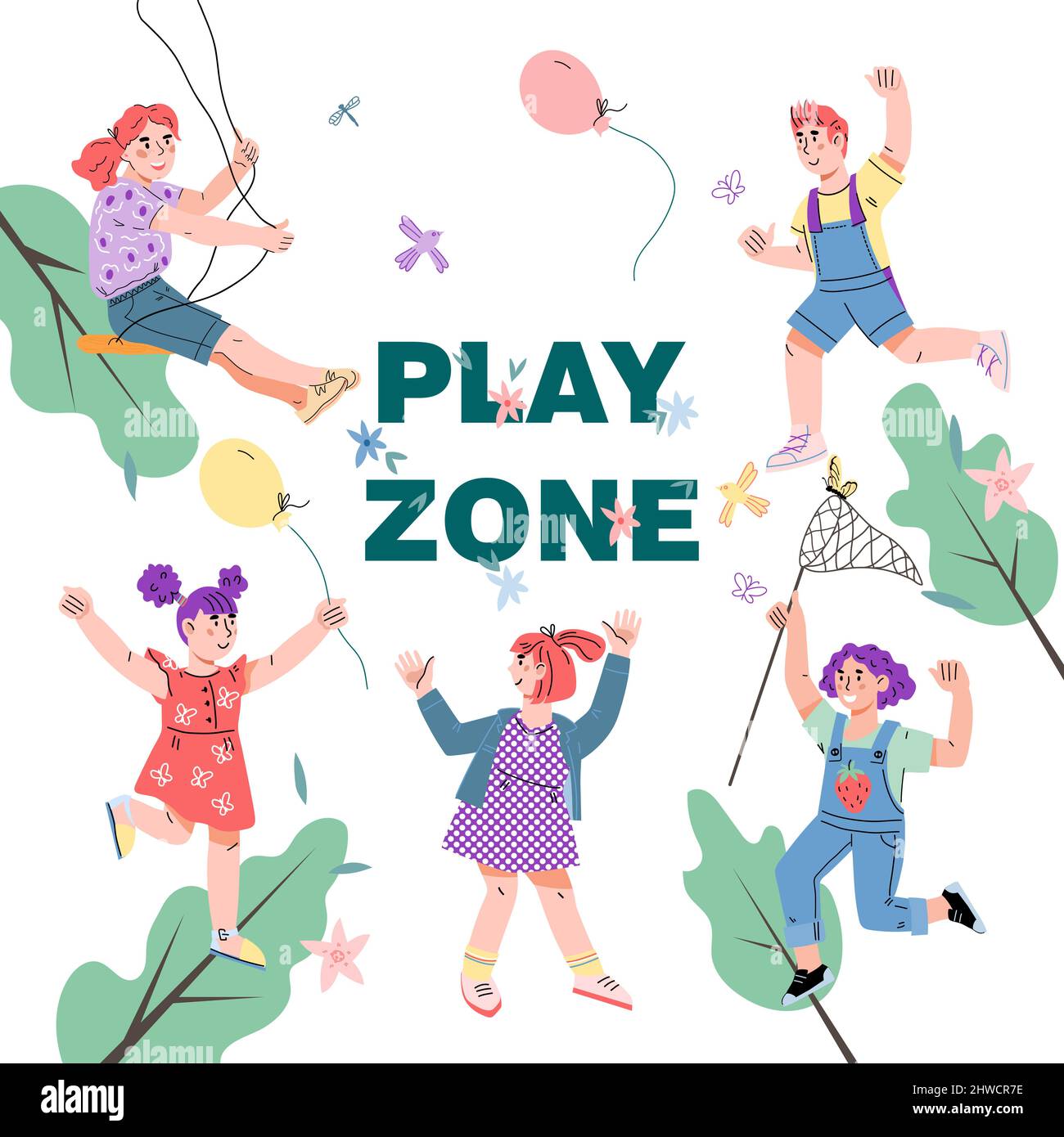 Kids play area banner or poster template with cute children characters ...