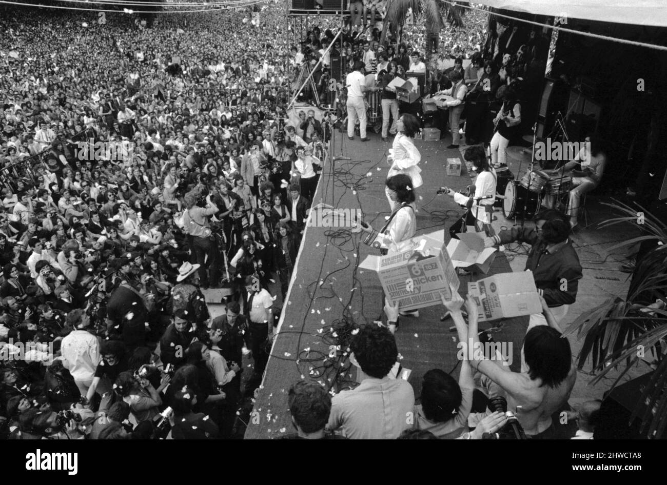 The Rolling Stones on stage at their free concert in London's Hyde Park ...