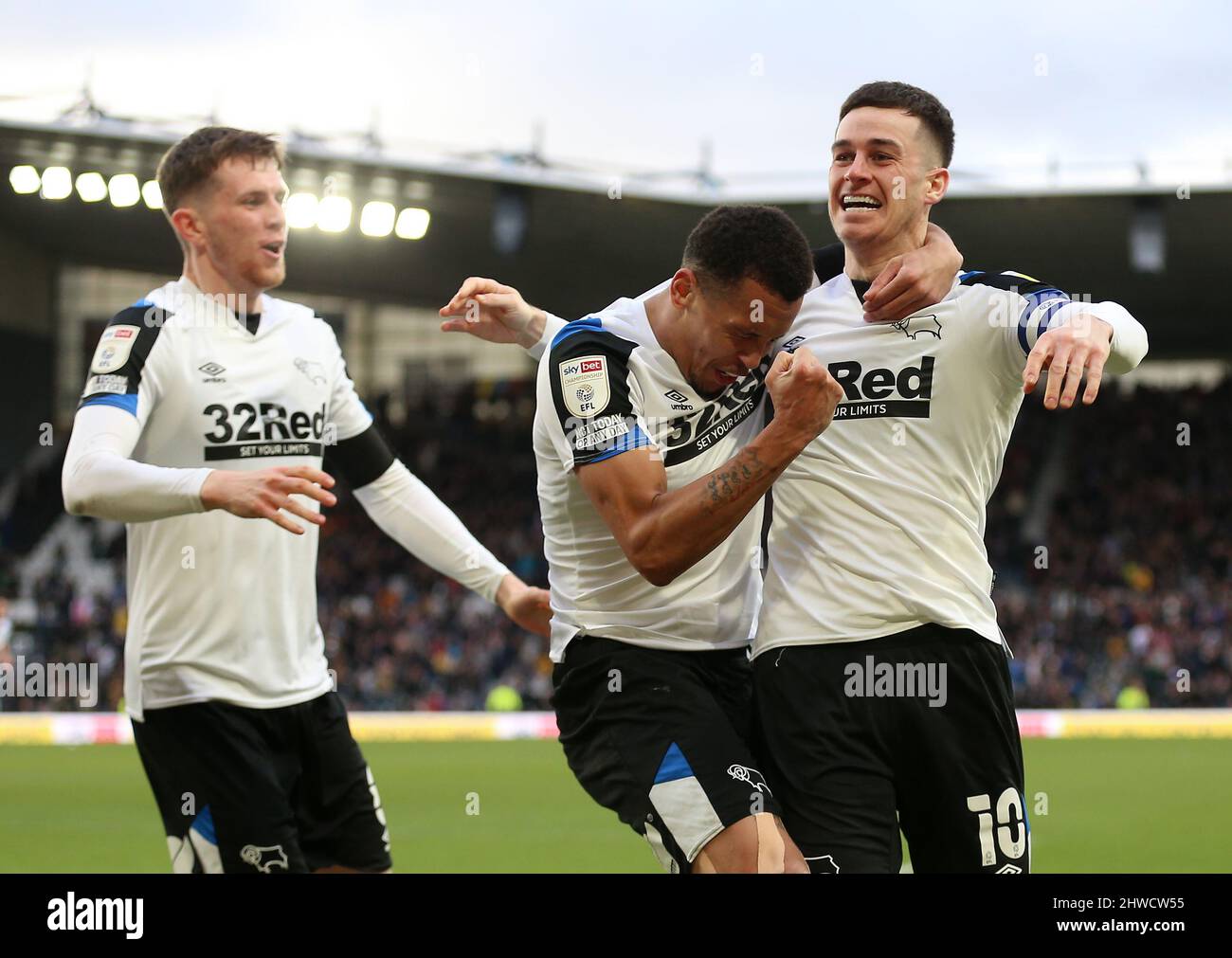 Derby County's Ravel Morrison (centre) celebrates scoring their side's ...