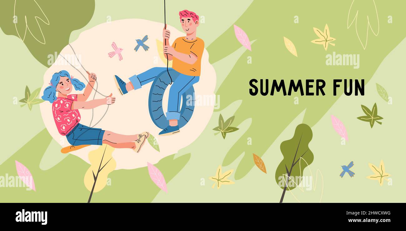 Summer fun and recreation banner or flyer concept with children ...