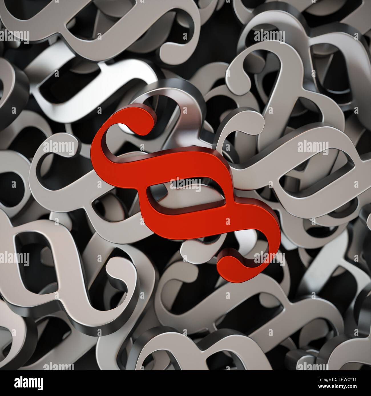 3D rendering of pile of gray paragraph symbols with red one on top ...