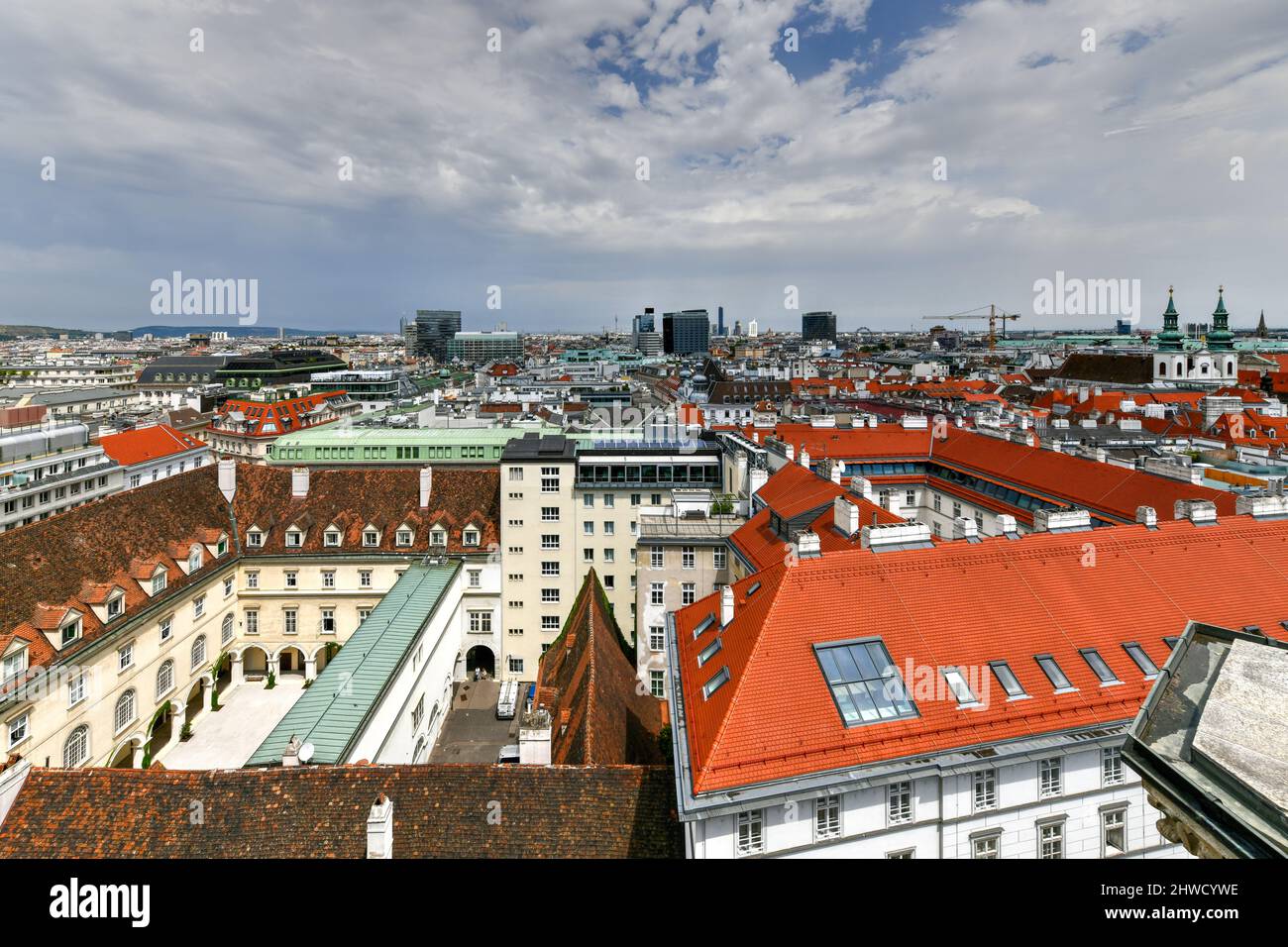 Cityscape from St Stephen Cathedral, or Saint Stephansdom Church in Old city center of Vienna in ...