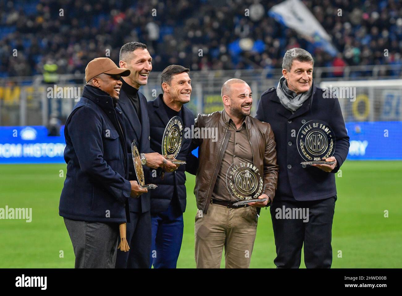 Milano, Italy. 04th Mar, 2022. Ex Inter players Samuel Eto'o, Marco ...
