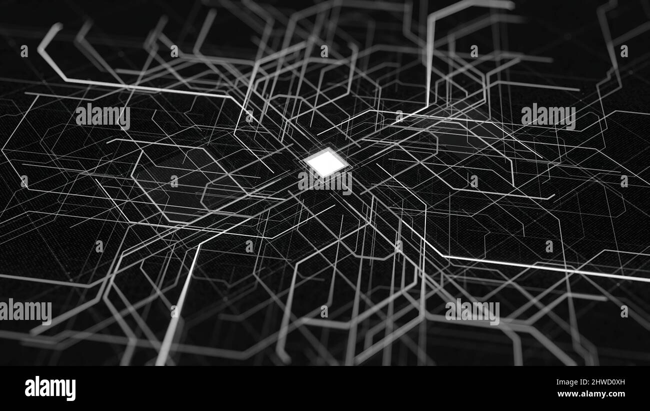 Computer diagram of moving networks of Internet. Animation. Centralized diagram with moving neon ...