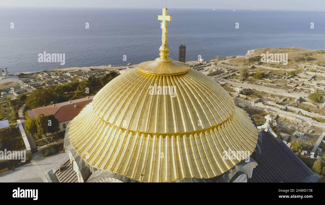 Famous church and landmark. Shot. Close up of golden yellow domes on ...