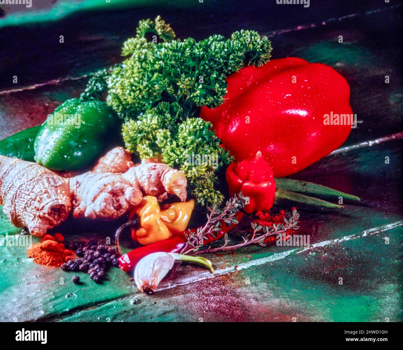 High resolution food ingredients still life with pepper, garlic, ginger ...