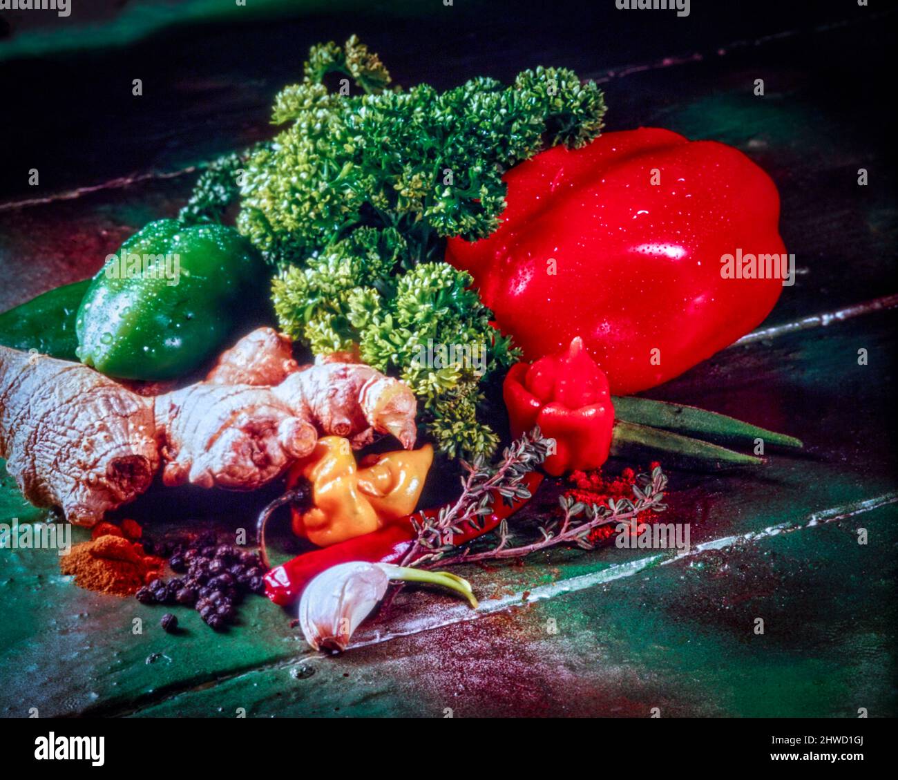 High resolution food ingredients still life with pepper, garlic, ginger ...