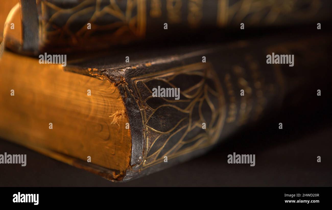 Vintage books with dark leather binding and patterns on isolated ...