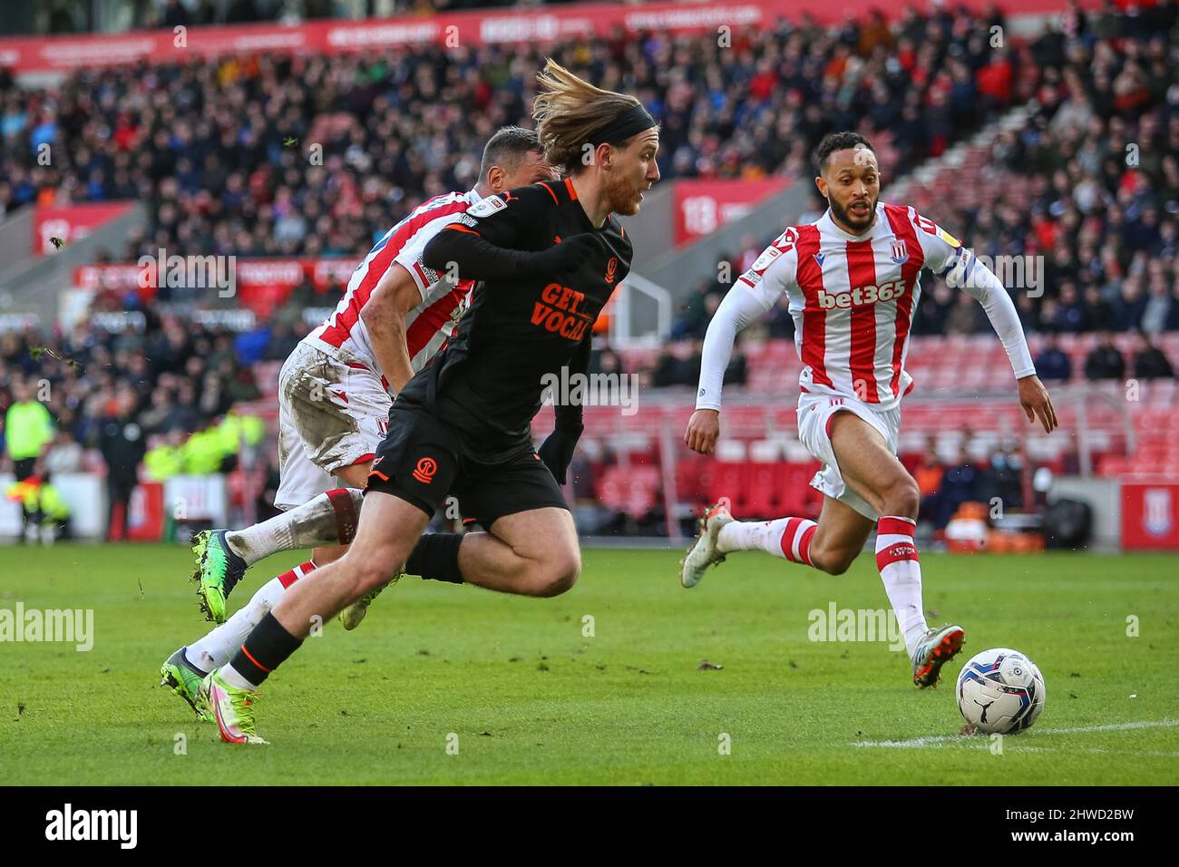 Stoke On Trent, UK. 05th Mar, 2022. Josh Bowler #11 of Blackpool goes ...