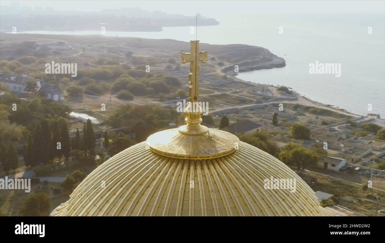 Famous church and landmark. Shot. Close up of golden yellow domes on ...