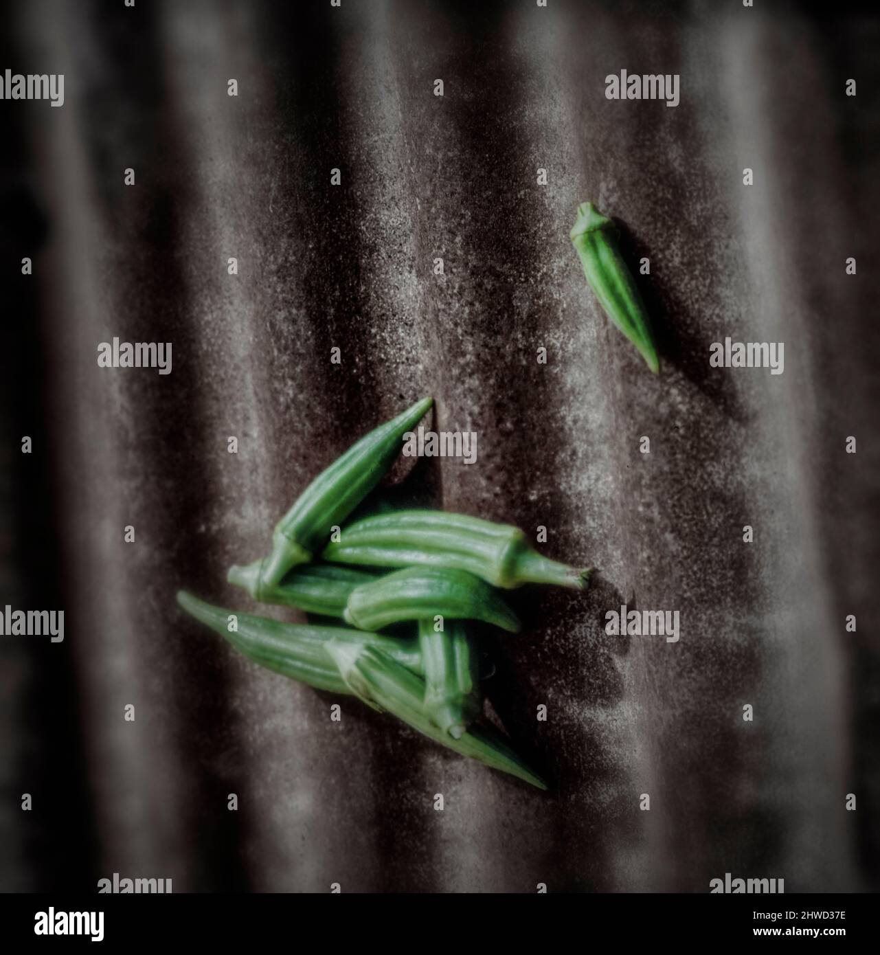Ethnic food ingredient still-life of Okra, okro, ladies' fingers, ochro ...