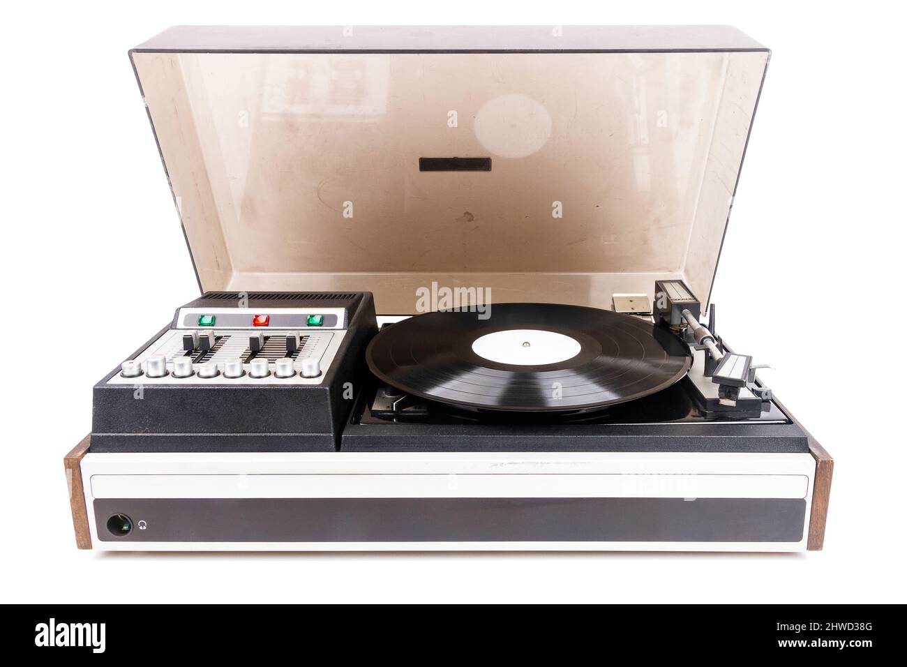 Vintage turntable record player with dust cover isolated on white ...