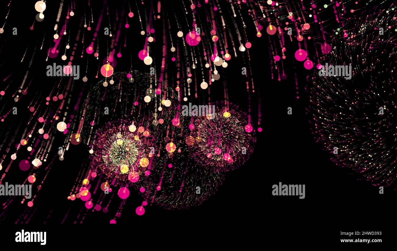 Multicolored bright neon patterns from particles exploding on black ...