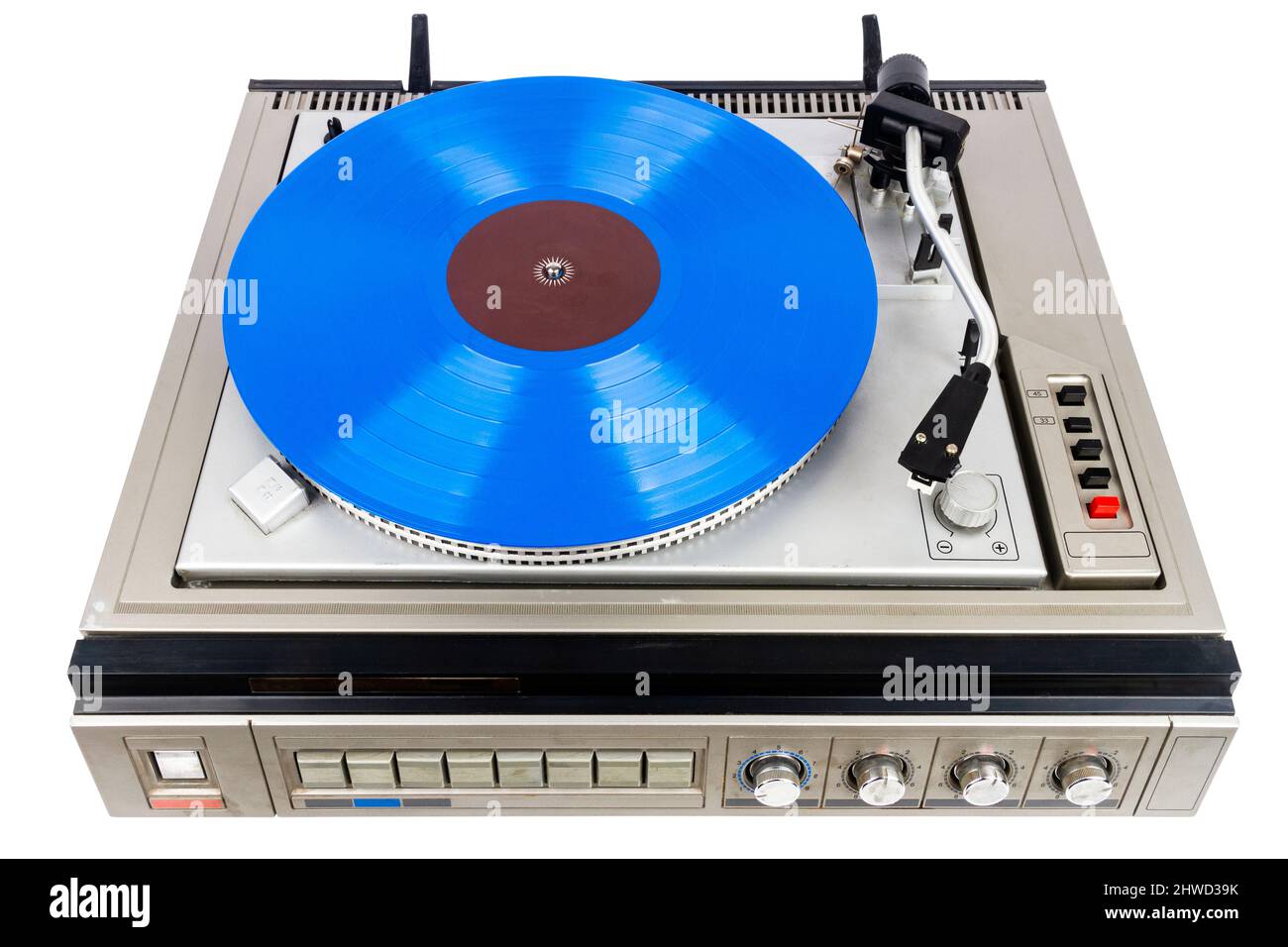Vintage turntable record player with blue vinyl isolated on white ...