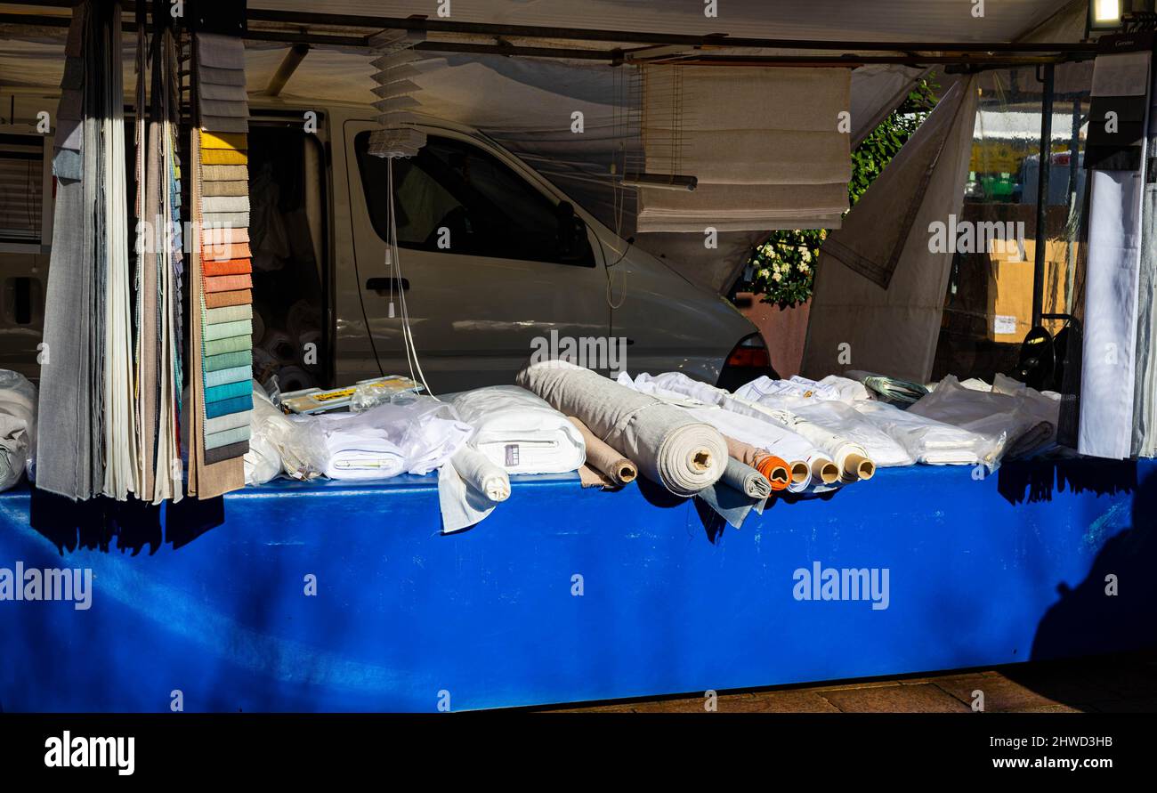 Dutch fabric stall at a market square in Hoofddorp The Netherlands ...