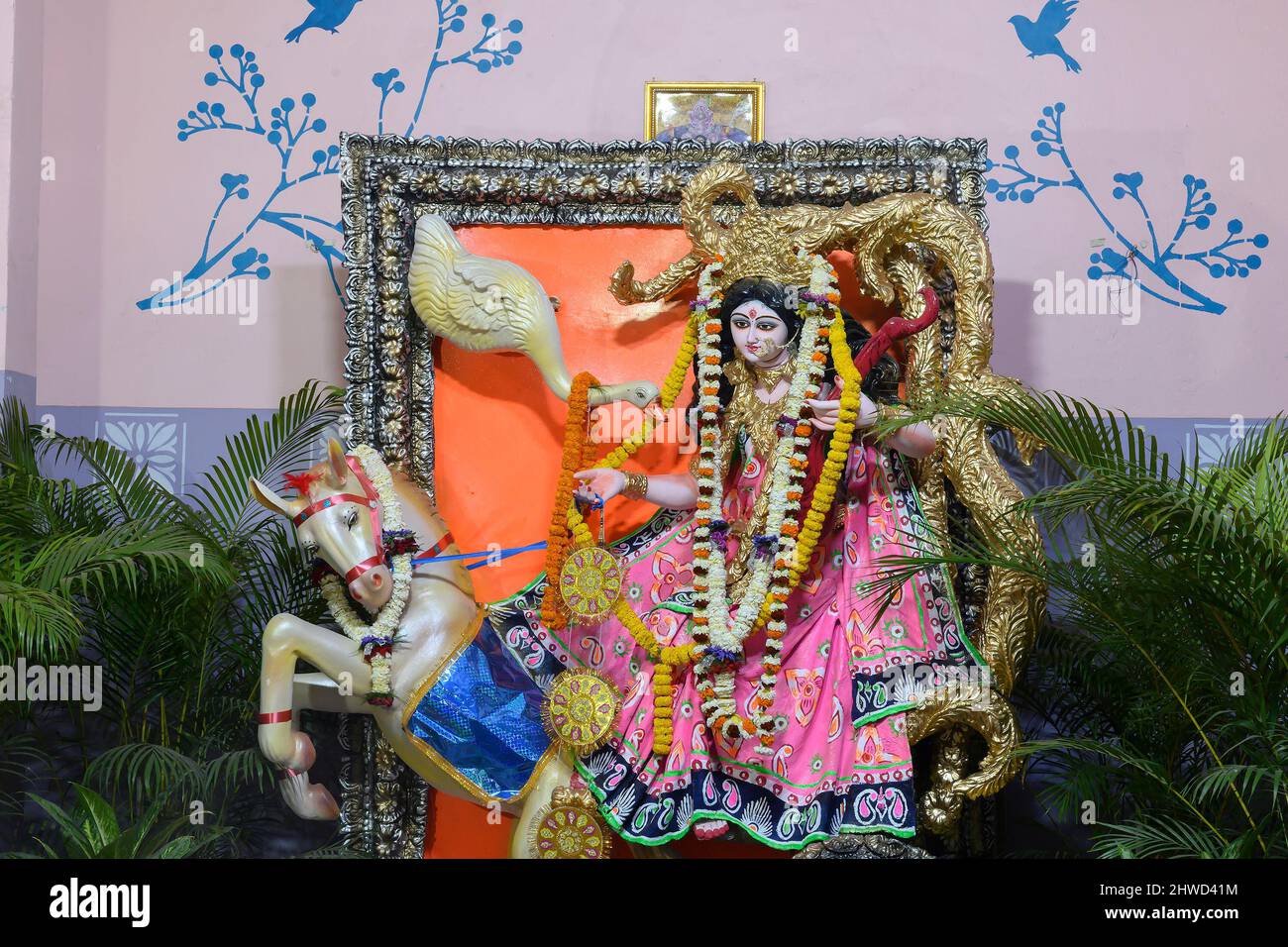 Idol of Goddess Saraswati being worshipped inside pandal , a temporary ...