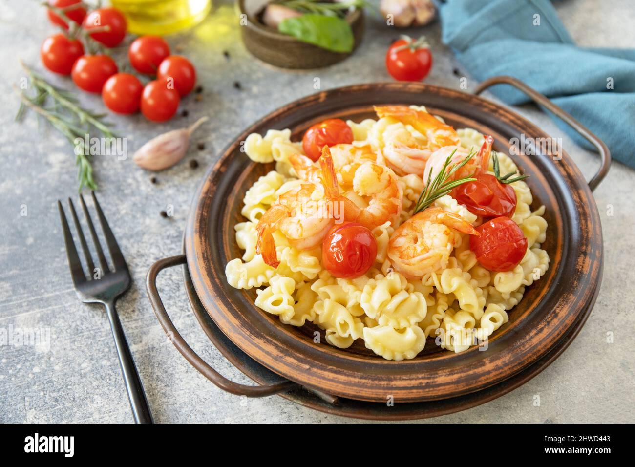 Mediterranean cuisine, seafood diet. Italian creste di gallo pasta with ...