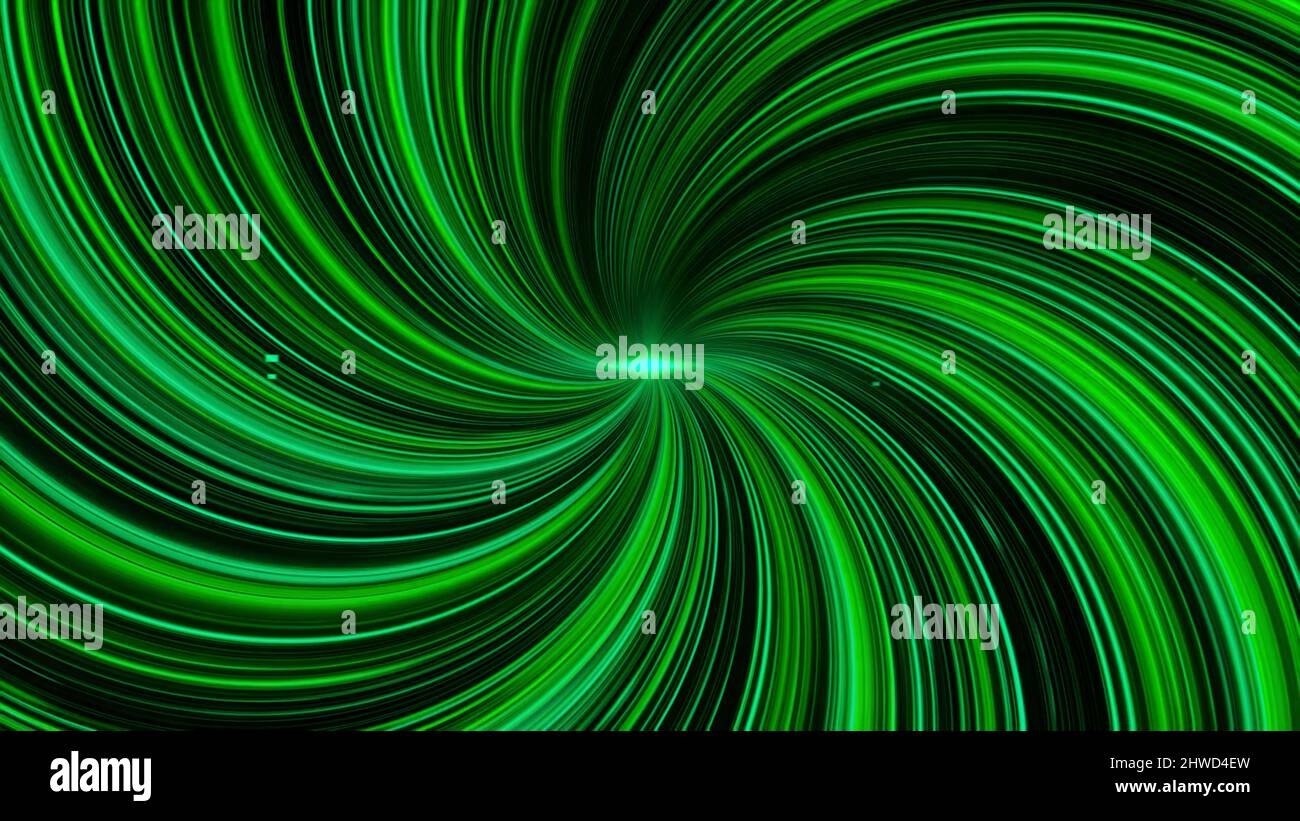 Abstract background with the shimmering vortex or energy flow. Animation. Green swirling rays of ...