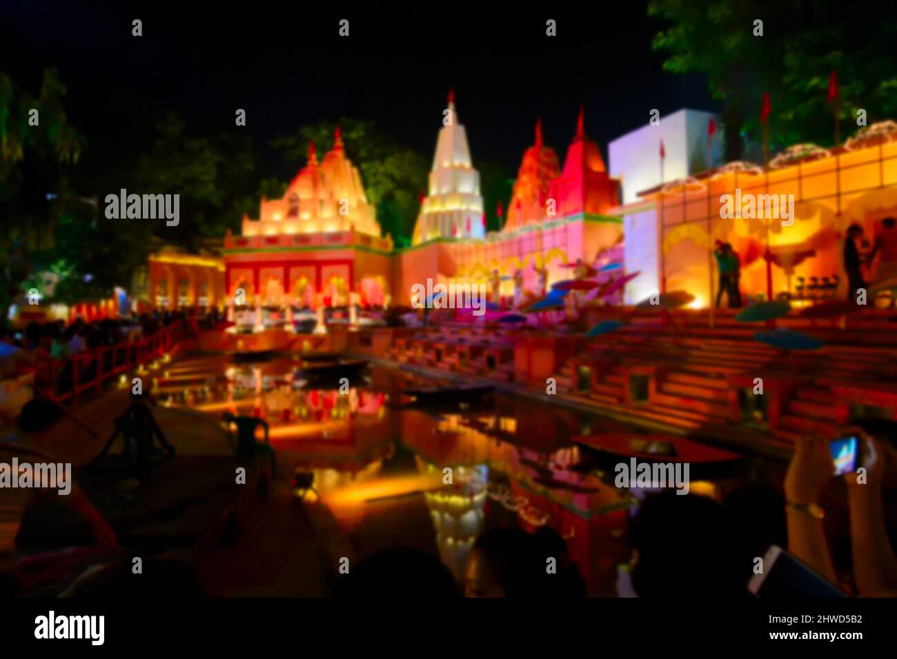 Blurred image of Benaras ghat beside river ganga. Night image of ...