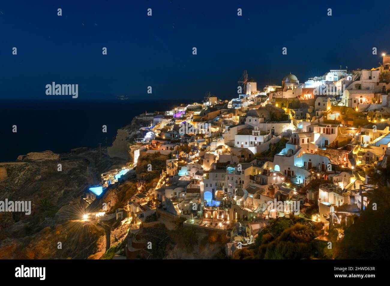 Classic Oia, Santorini skyline at night with buildings in Greece Stock ...