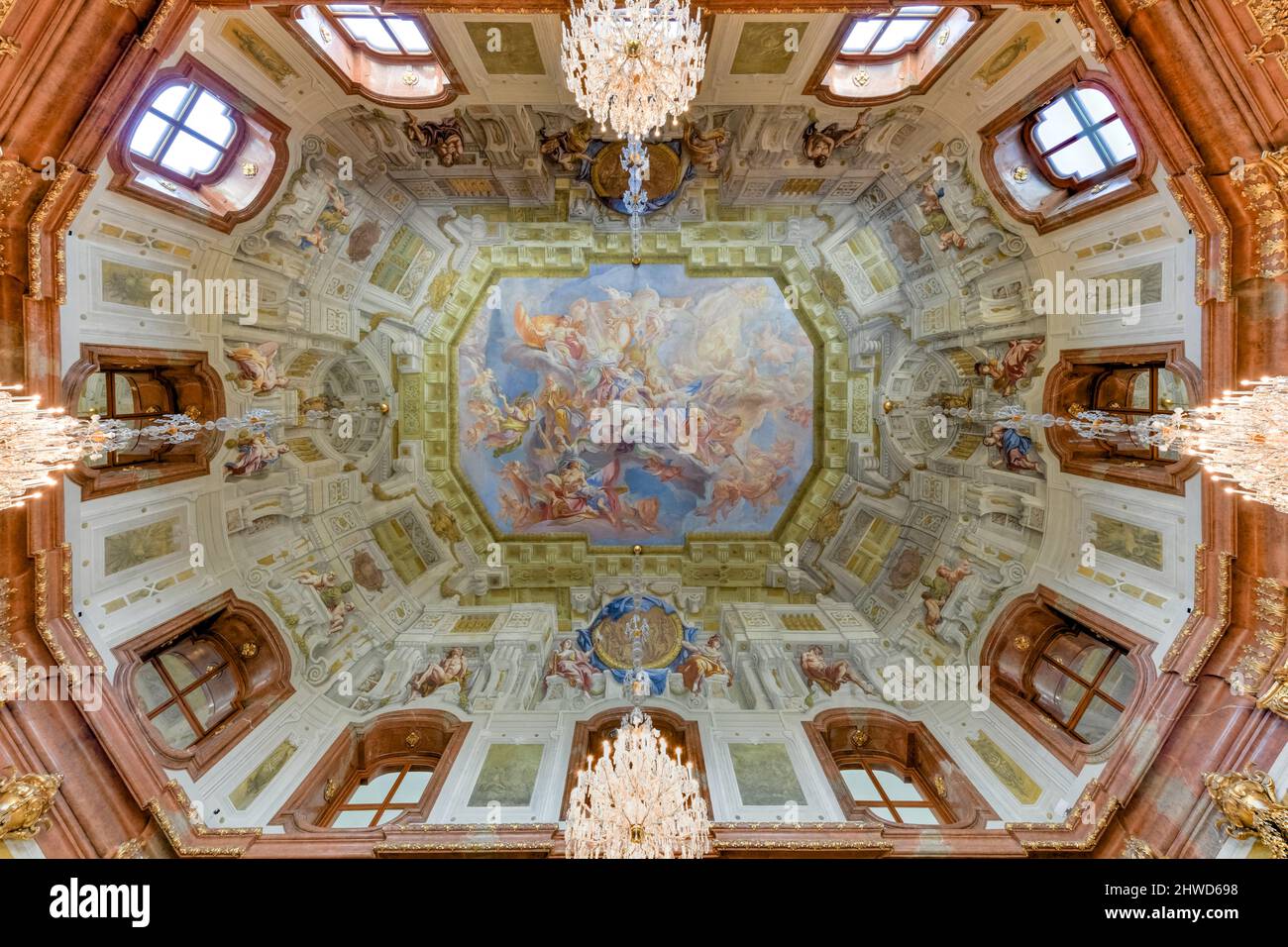 Ornate painted ceiling at the Marble Hall of the Upper Belvedere Palace ...