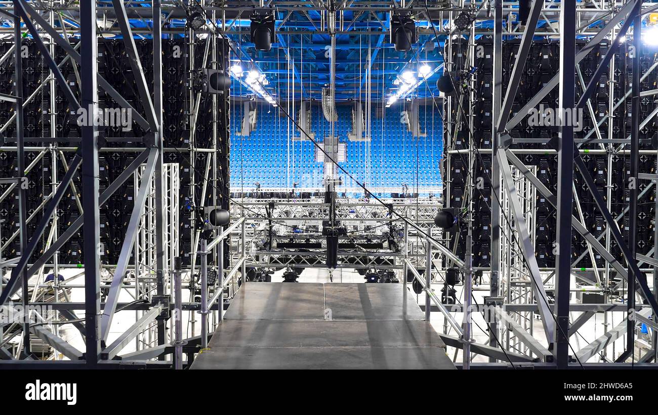Installation of equipment and spotlights for stage. Stock footage ...