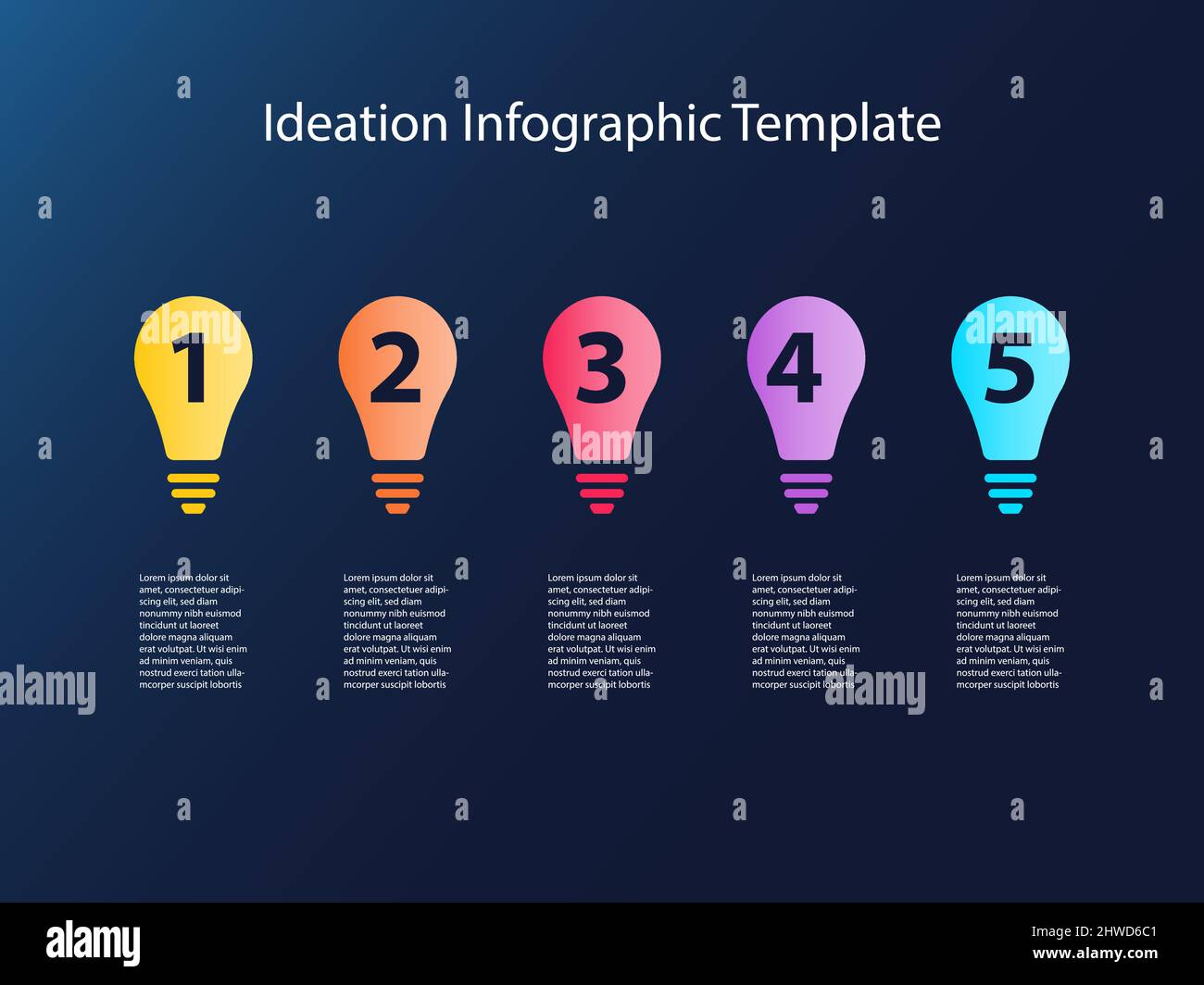 Ideation infographic with five light bulbs. Vector illustration for ...