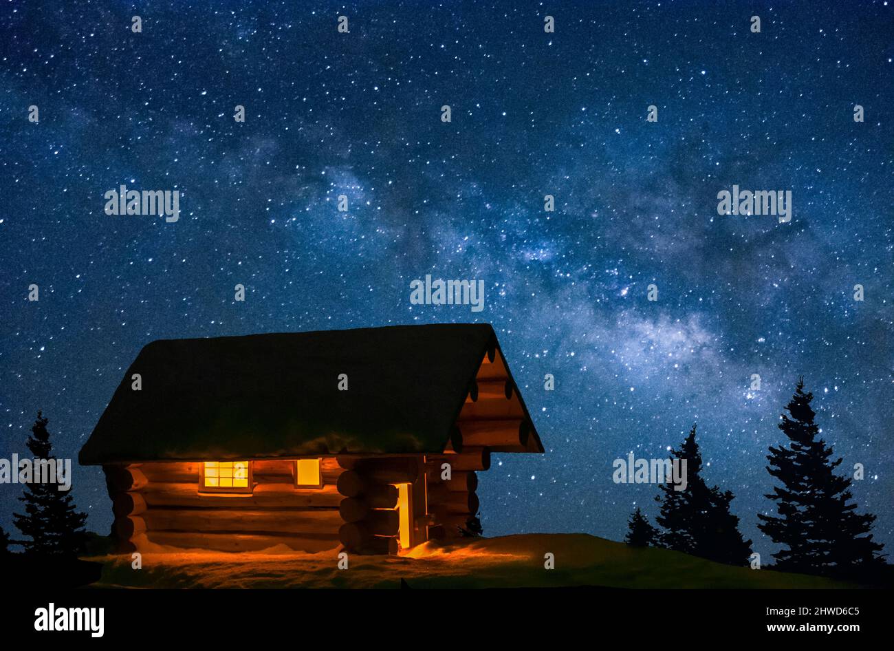 Cabin; Winter; Night; Stars; Sky; Natural Phenomenon; Milky Way Stock ...