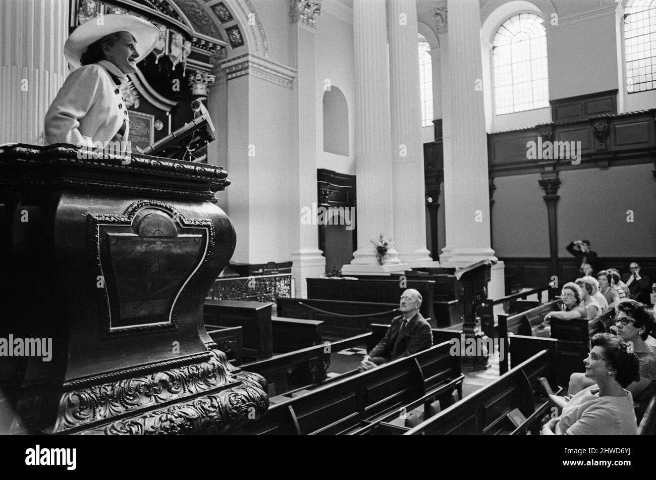 Television chef, Fanny Cradock, speaking from the pulpit, St Mary ...