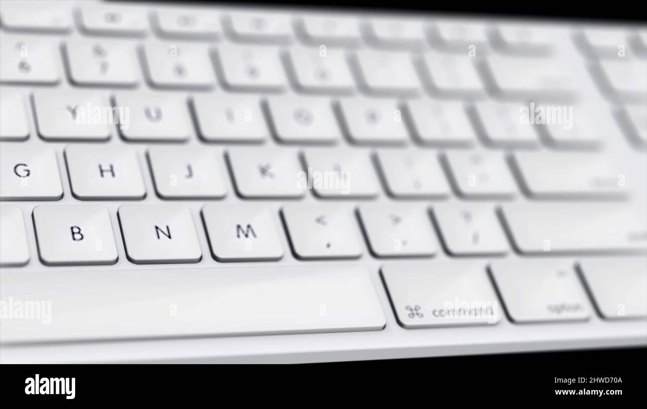 Close-up animation of white computer keyboard buttons. Rotate white keyboard in isolated space ...