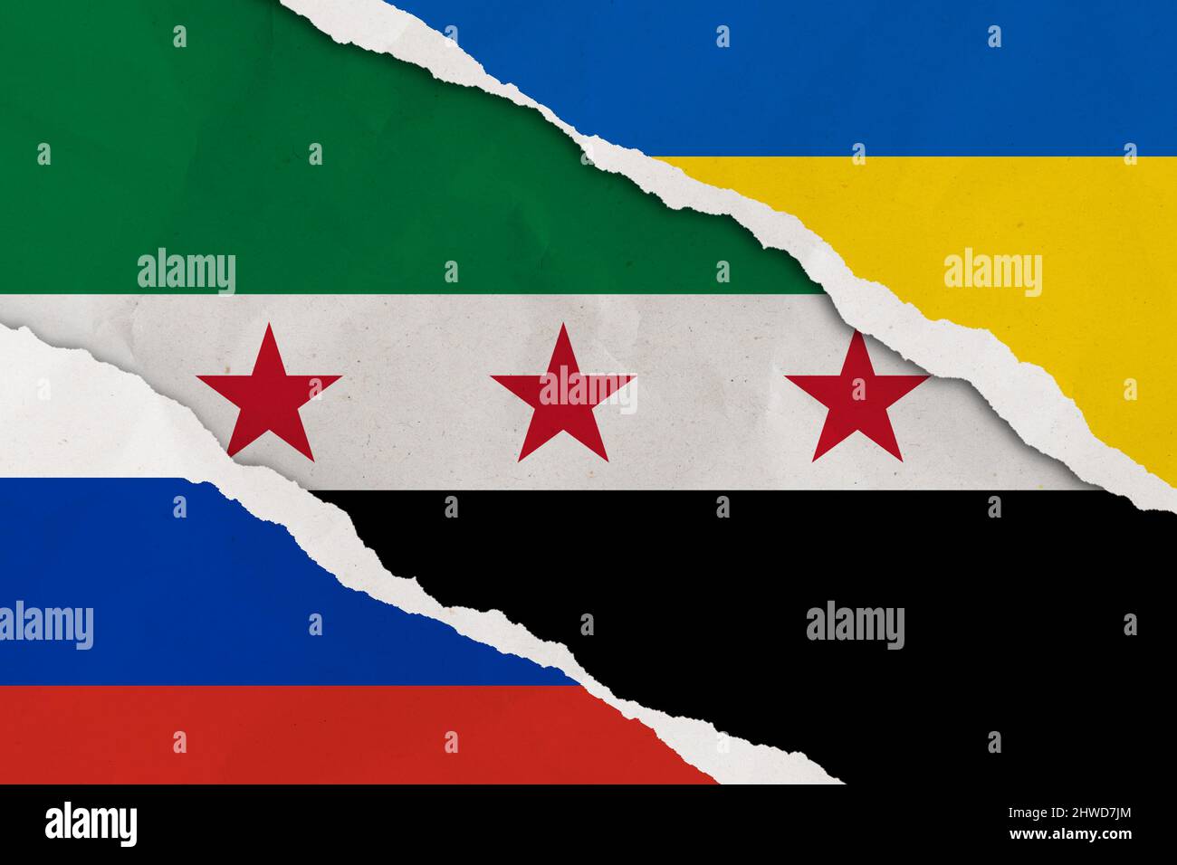 Ukraine, Russia, Syria flag ripped paper grunge background. Abstract ...