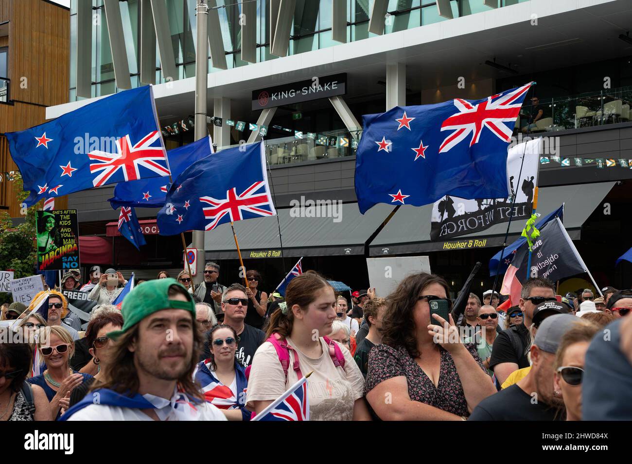 Christchurch, New Zealand. 04th Mar, 2022. Protesters hold inverted New ...