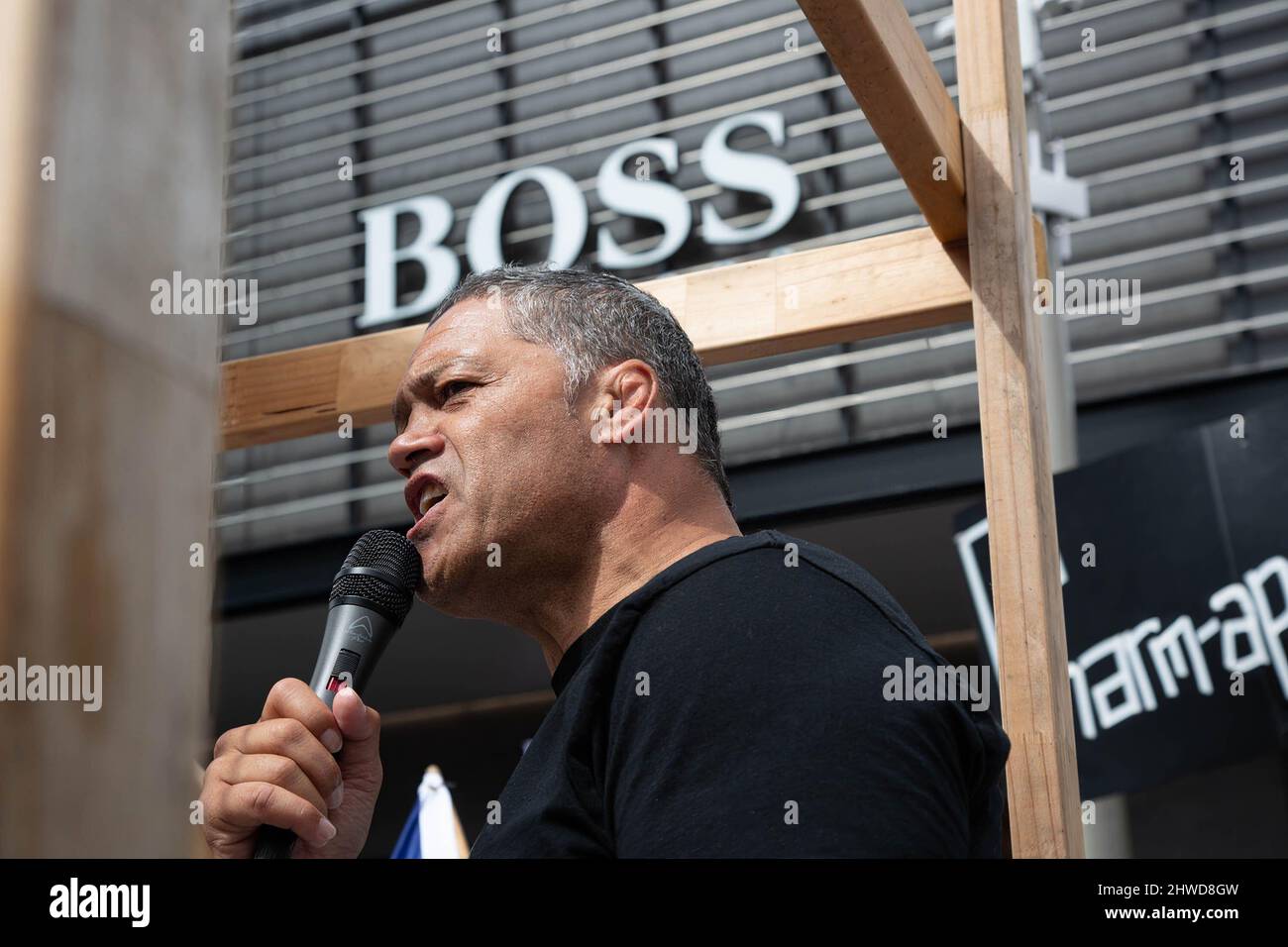 Destiny Church Pastor, Derek Tait, speaks during the demonstration ...